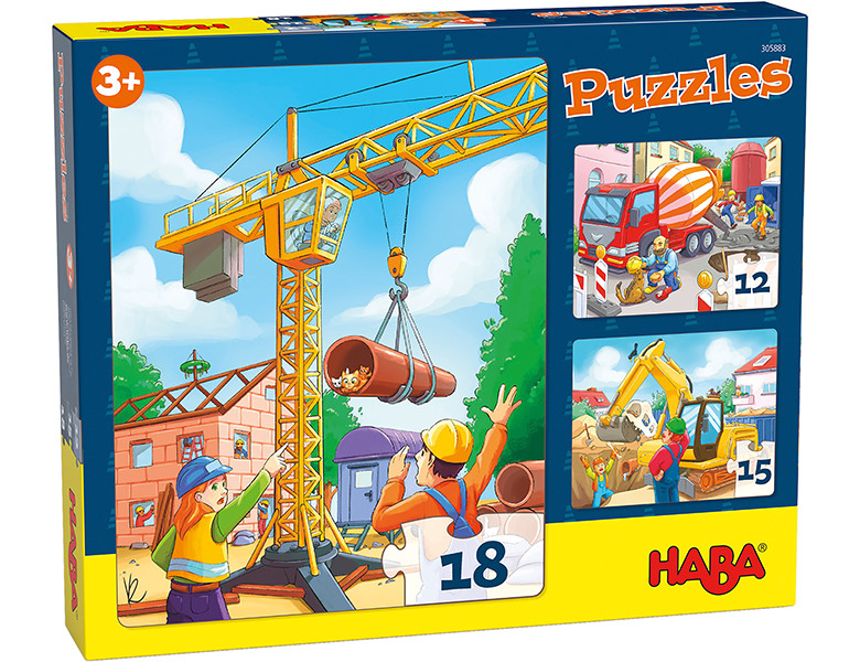 HABA Puzzle Baustellenfahrzeuge 12,15,18 | Mehrfach-Puzzle